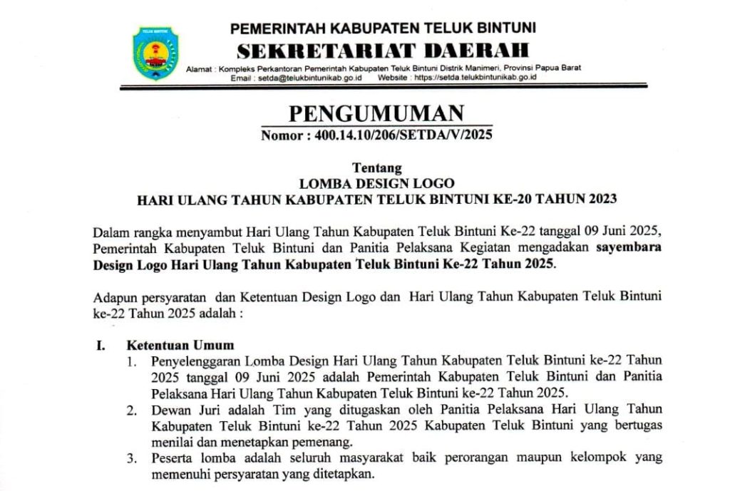 Pemkab Teluk Bintuni Gelar Lomba Desain Logo HUT ke-22, Berikut Syarat ...